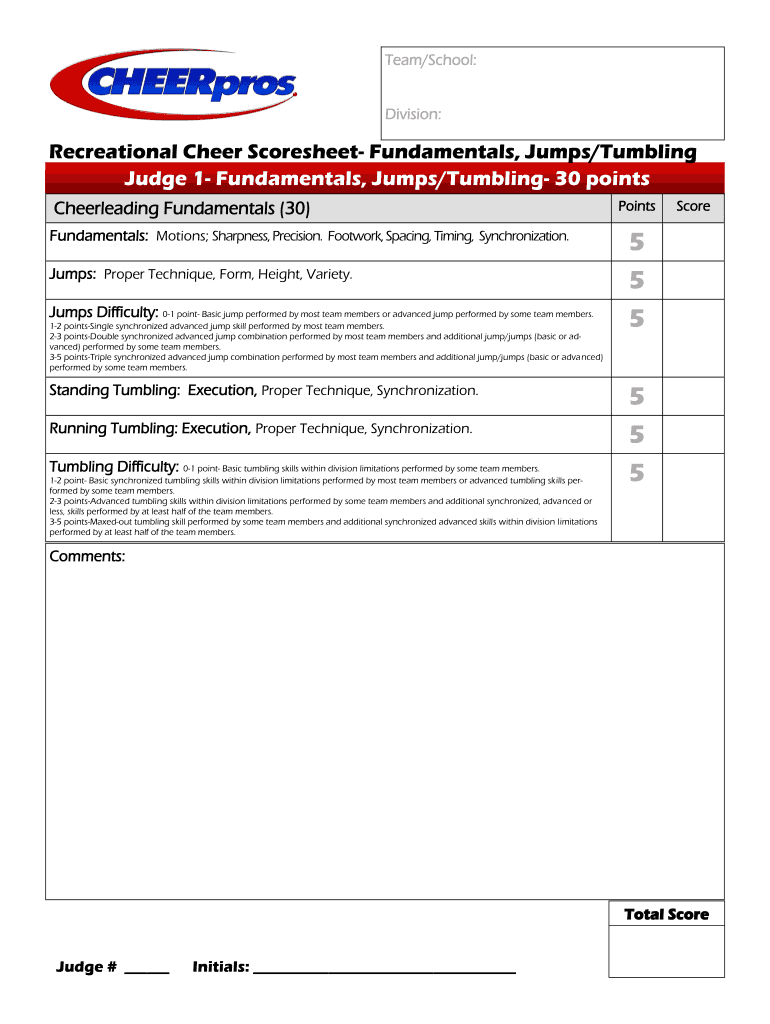 Fillable Online Recreational Cheer Scoresheet- Fundamentals, Jumps ...