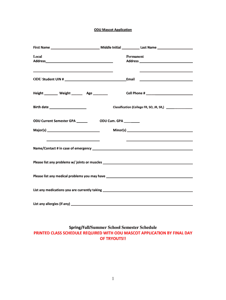 Fillable Online ODU Mascot Application Fax Email Print - pdfFiller