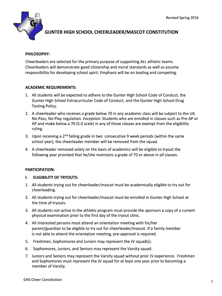 Fillable Online GUNTER HIGH SCHOOL CHEERLEADER/MASCOT CONSTITUTION Fax ...