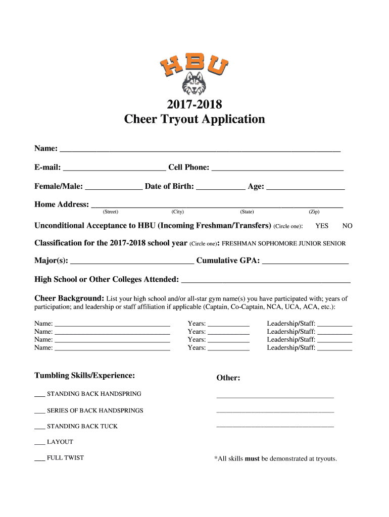 Fillable Online Cheer Tryout Application Fax Email Print - pdfFiller