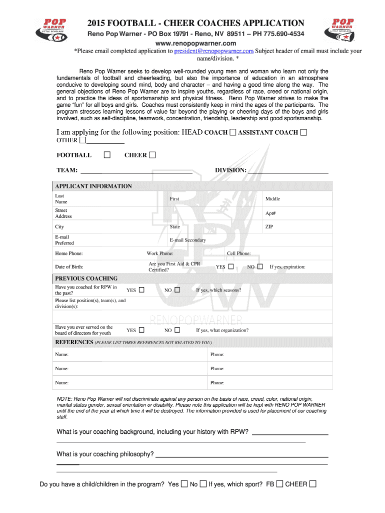 Fillable Online 2015 FOOTBALL - CHEER COACHES APPLICATION Fax Email ...