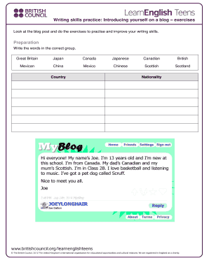 Fillable Online Writing skills practice: Introducing yourself on a blog ...