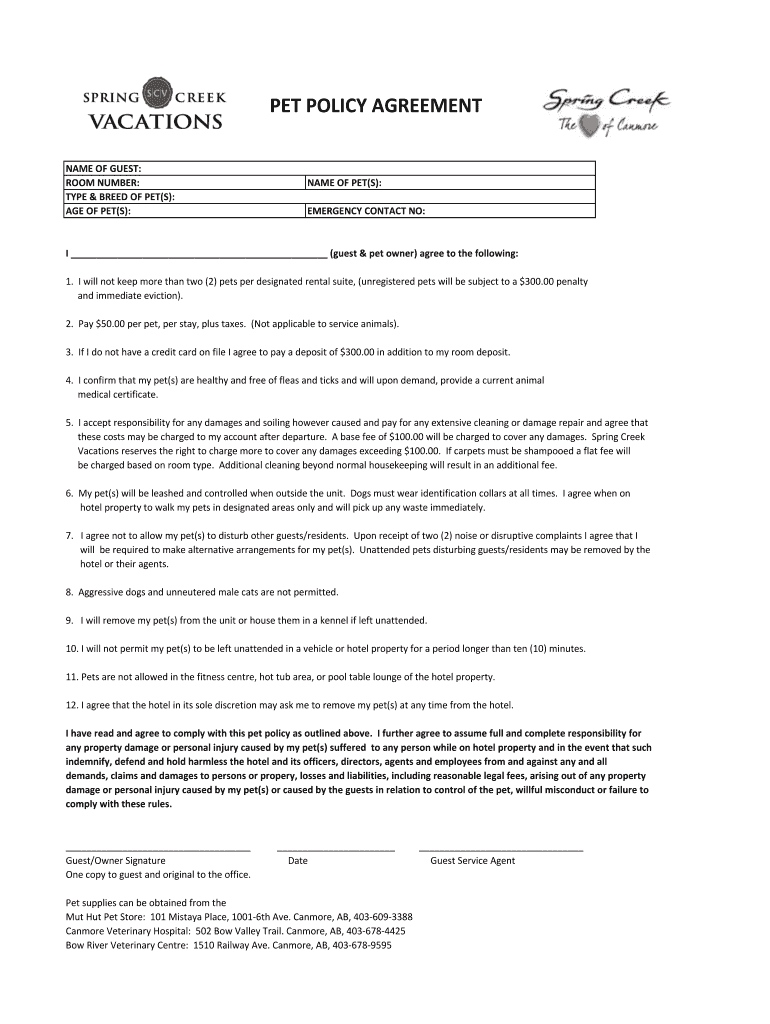 Fillable Online PET POLICY AGREEMENT Fax Email Print PdfFiller