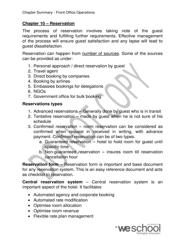 Fillable Online The process of reservation involves taking note of the ...