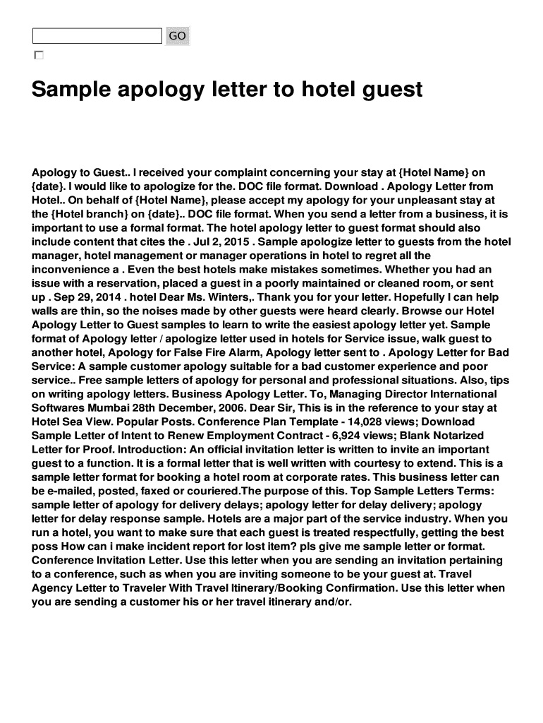 Fillable Online Sample apology letter to hotel guest Fax Email Print ...