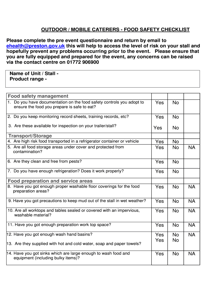 Outdoor Mobile Caterers Food Safety Checklist - Blank Fillable Template ...