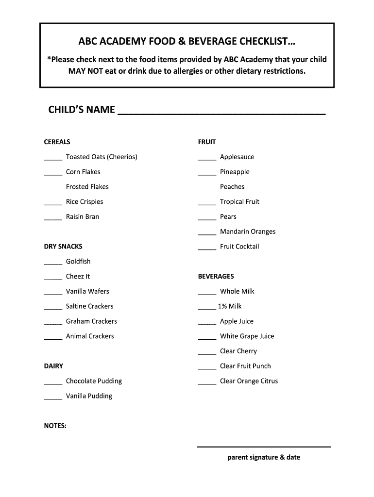 Fillable Online ABC ACADEMY FOOD & BEVERAGE CHECKLIST Fax Email Print ...