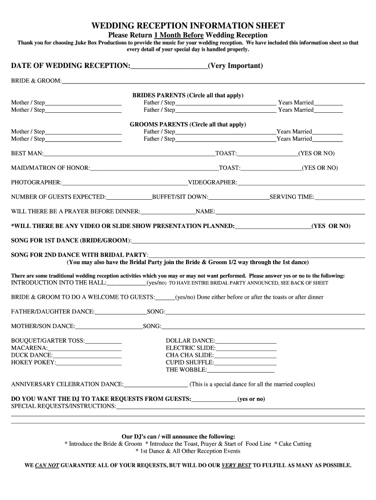 Fillable Online WEDDING RECEPTION INFORMATION SHEET Fax Email Print ...