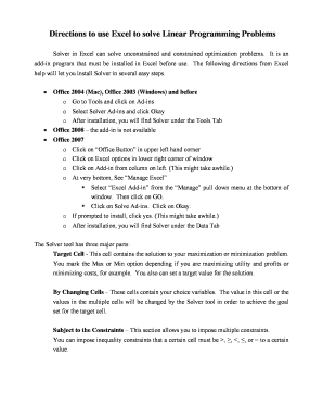 Fillable Online Directions to use Excel to solve Linear Programming ...