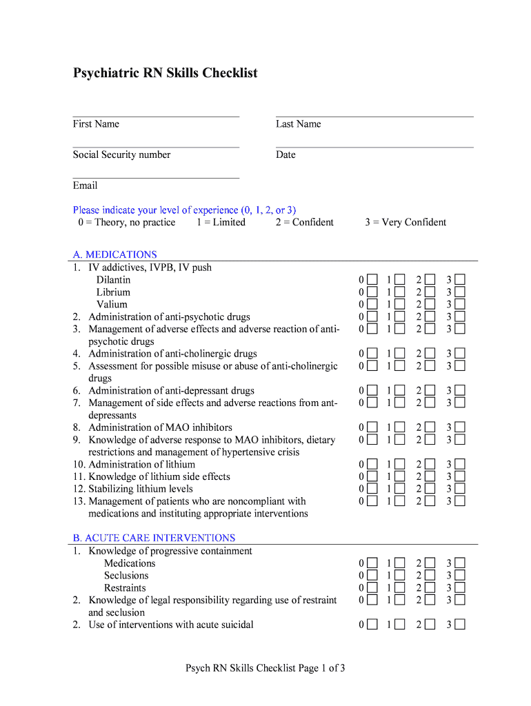 Fillable Online Psychiatric RN Skills Checklist Fax Email Print - pdfFiller