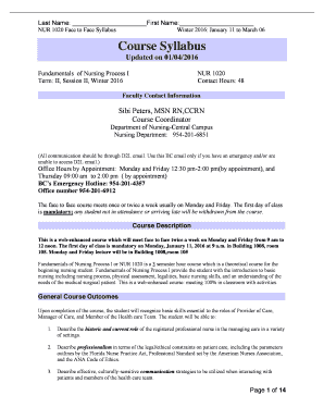 Fillable Online NUR 1020 Face to Face Syllabus Fax Email Print - pdfFiller