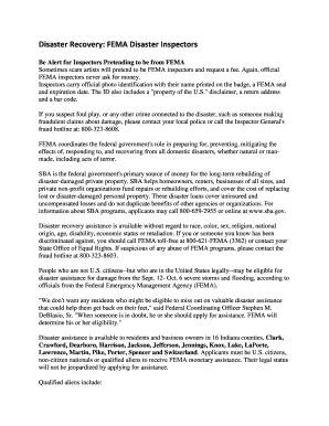 Fillable Online Disaster Recovery: FEMA Disaster Inspectors Fax Email ...