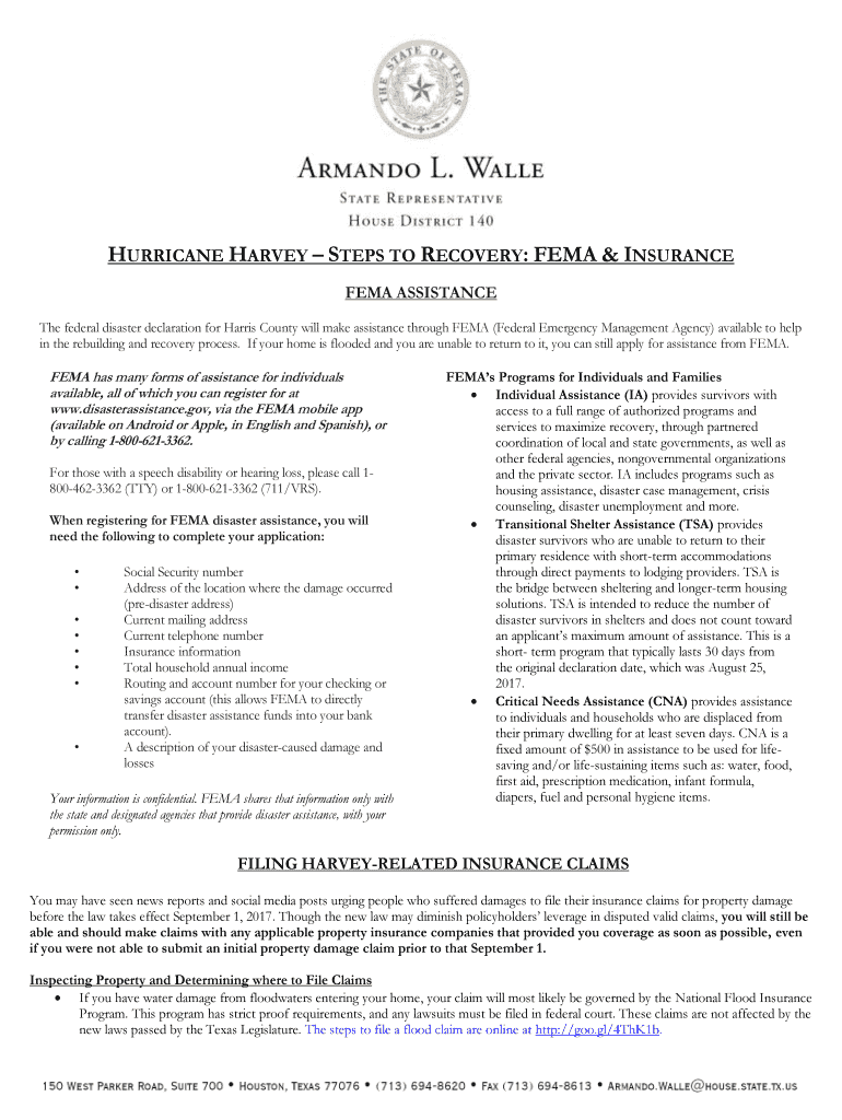 Fillable Online HURRICANE HARVEY STEPS TO RECOVERY: FEMA & INSURANCE ...