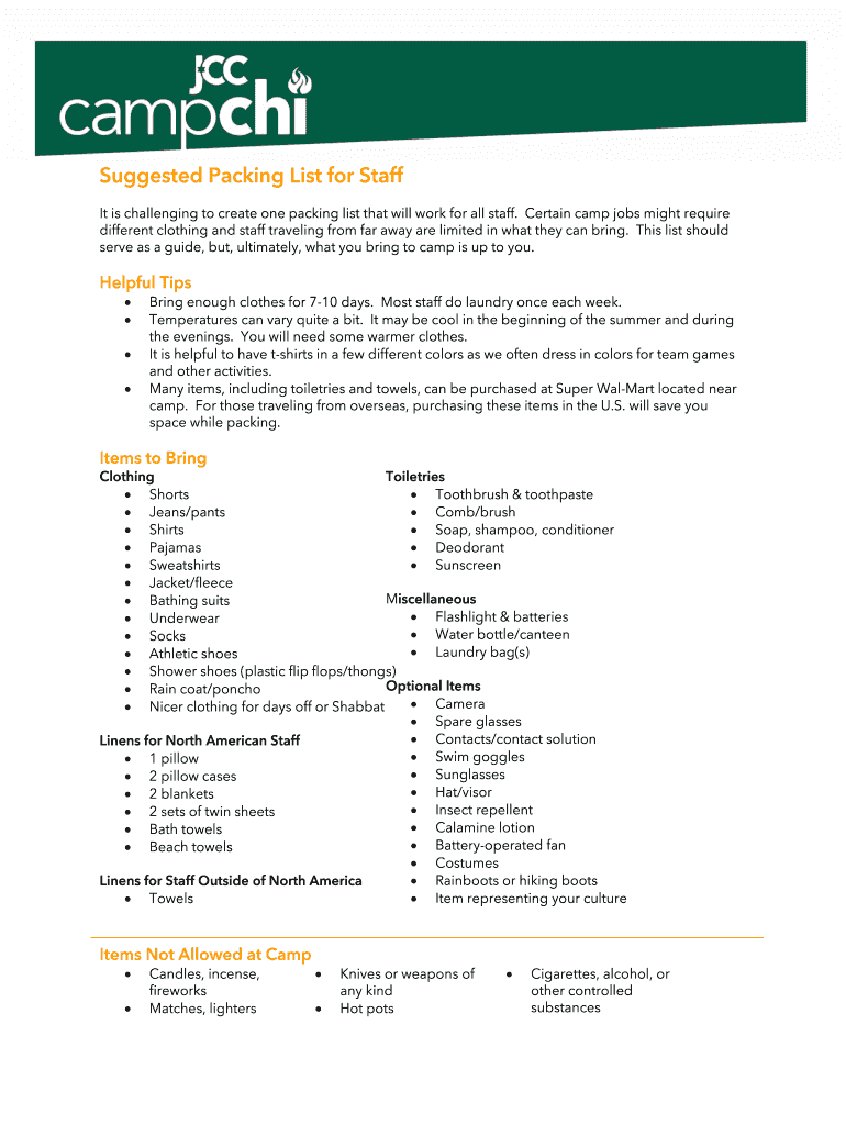 Fillable Online Suggested Packing List for Staff Fax Email Print ...