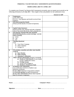 PERSONAL TAX RETURN (SELF ASSESSMENT) QUESTIONNAIRES Doc Template ...