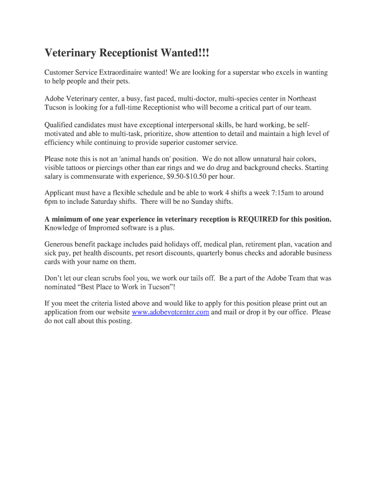 Fillable Online Veterinary Receptionist Wanted Fax Email Print - pdfFiller