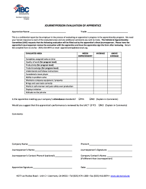 Fillable Online JOURNEYPERSON EVALUATION OF APPRENTICE Fax Email Print ...