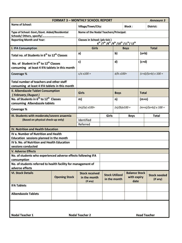 Fillable Online FORMAT 3 MONTHLY SCHOOL REPORT Fax Email Print - pdfFiller