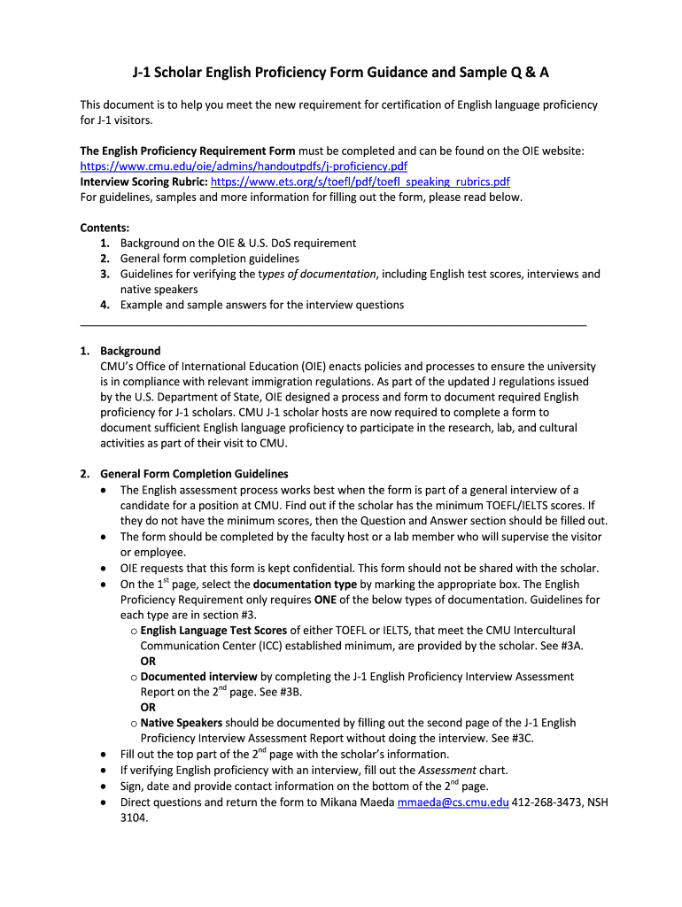 Fillable Online J-1 Scholar English Proficiency Form Guidance and ...