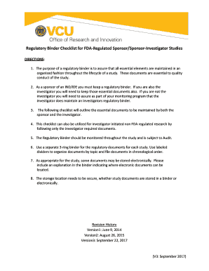 Fillable Online research vcu Regulatory Binder Checklist for FDA ...