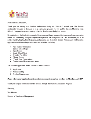 Fillable Online Dear Student Ambassador, Fax Email Print - pdfFiller