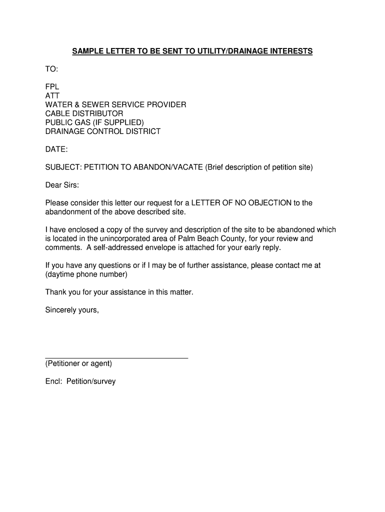 Fillable Online SAMPLE LETTER TO BE SENT TO UTILITY/DRAINAGE INTERESTS ...
