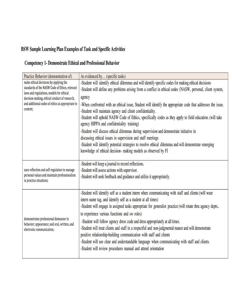Fillable Online BSW Sample Learning Plan Examples of Task and Specific ...