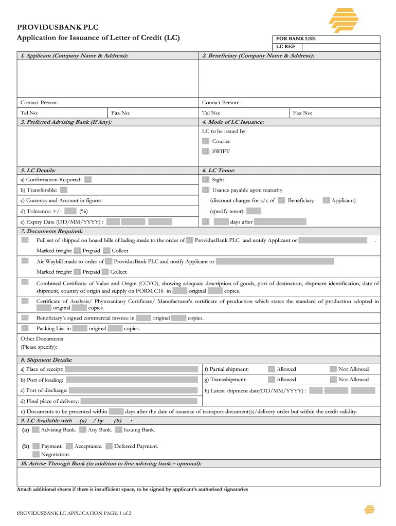 Fillable Online Application for Issuance of Letter of Credit (LC) Fax ...