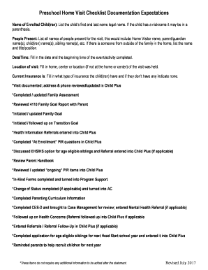 Fillable Online Preschool Home Visit Checklist Documentation ...