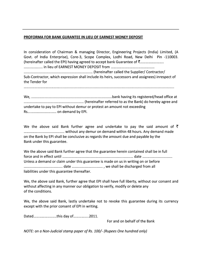 Fillable Online PROFORMA FOR BANK GURANTEE IN LIEU OF EARNEST MONEY ...