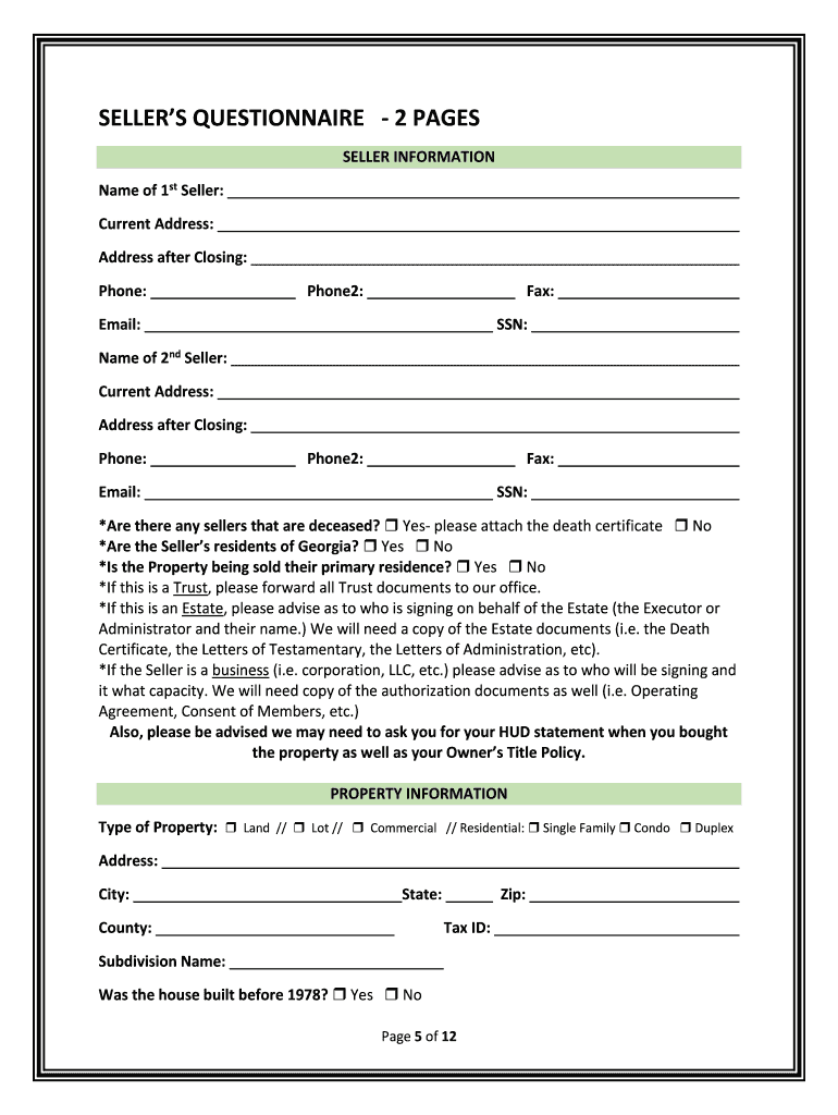 Fillable Online SELLERS QUESTIONNAIRE - 2 PAGES Fax Email Print - pdfFiller