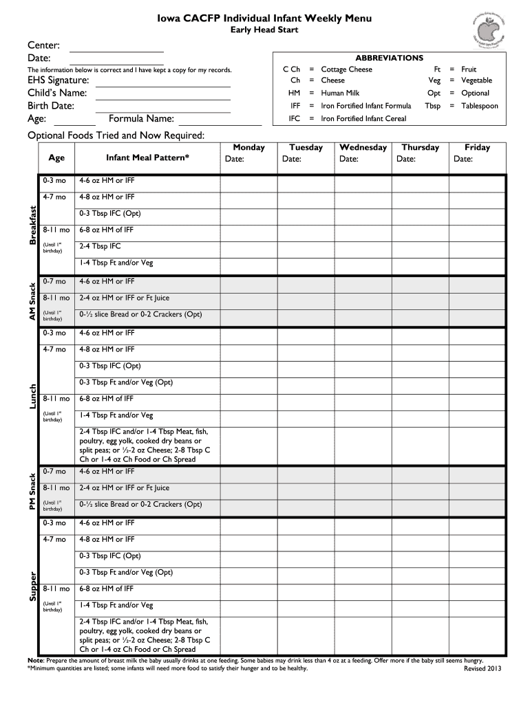 Fillable Online Iowa CACFP Individual Infant Weekly Menu Fax Email ...