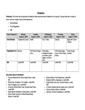 Fillable Online Directions: Plan three food components at breakfast Fax ...