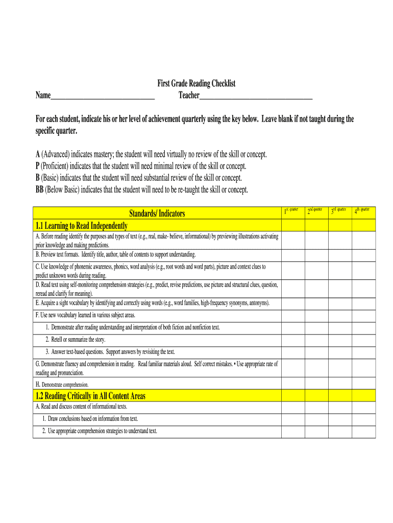 Fillable Online First Grade Reading Checklist Fax Email Print - pdfFiller