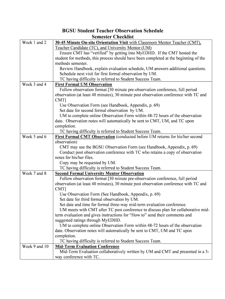 Fillable Online BGSU Student Teacher Observation Schedule Fax Email ...