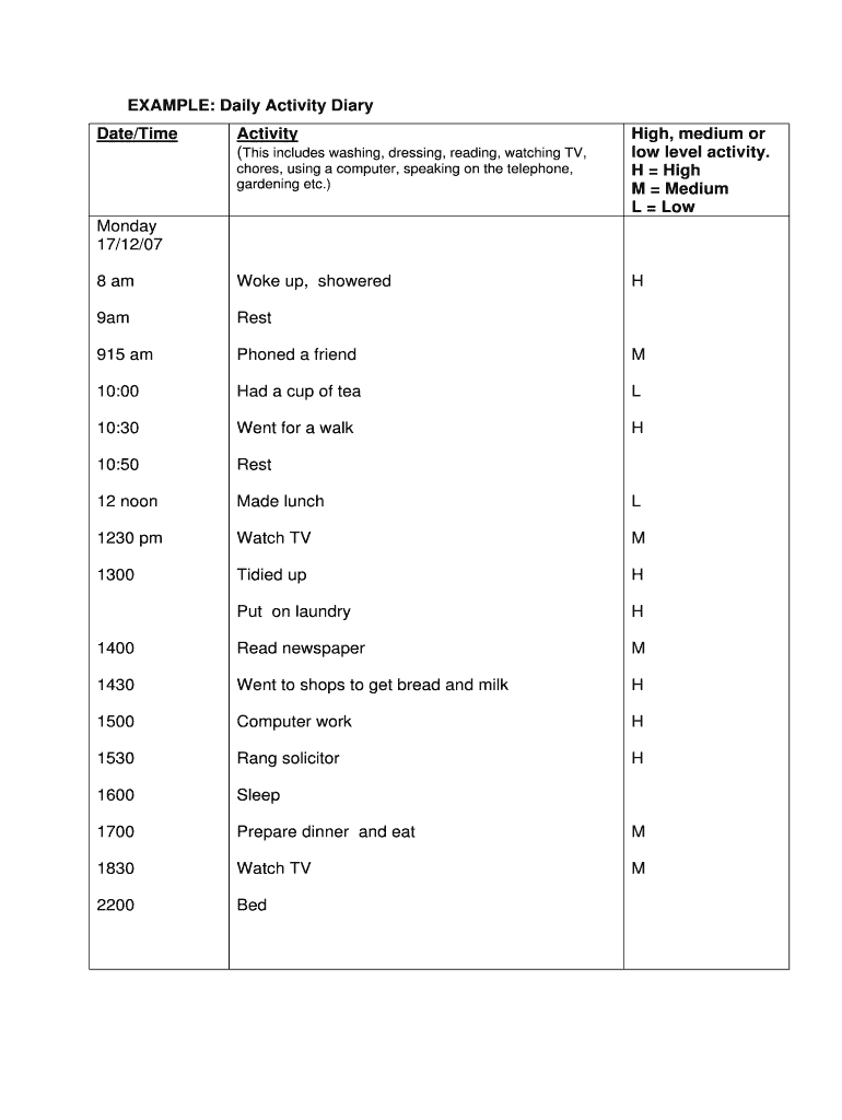 Fillable Online EXAMPLE: Daily Activity Diary Fax Email Print - pdfFiller