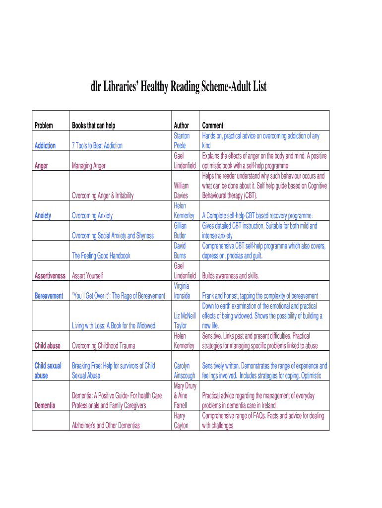 Fillable Online dlr Libraries Healthy Reading Scheme-Adult List Fax Email Print - pdfFiller