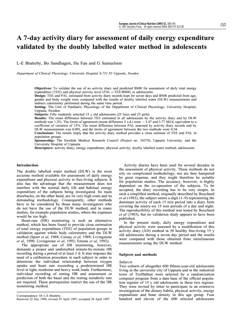 Fillable Online A 7-day activity diary for assessment of daily energy ...