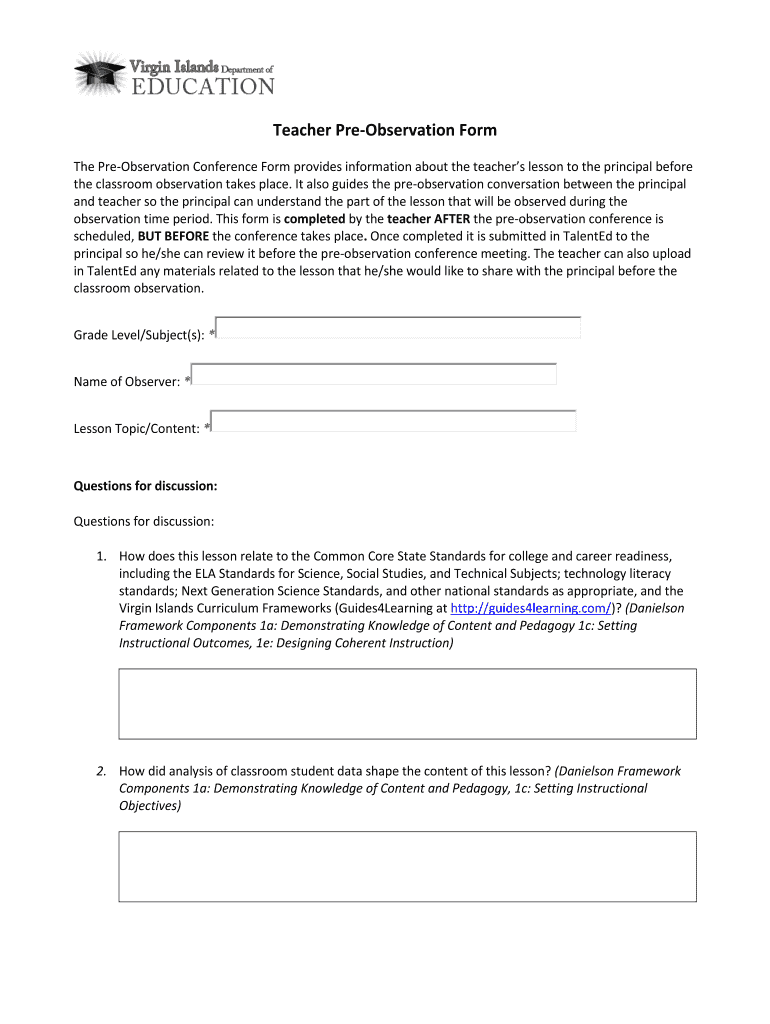 Fillable Online Teacher Pre-Observation Form Fax Email Print - pdfFiller