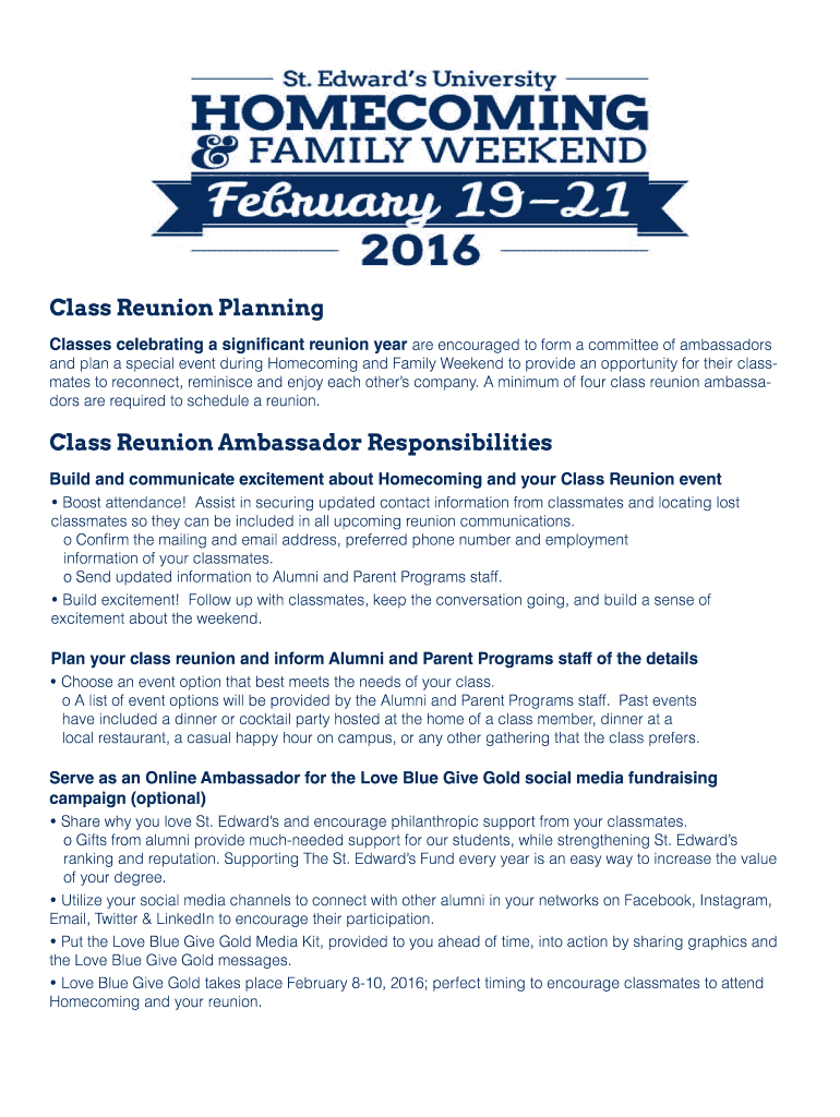 Fillable Online Class Reunion Planning Fax Email Print - pdfFiller