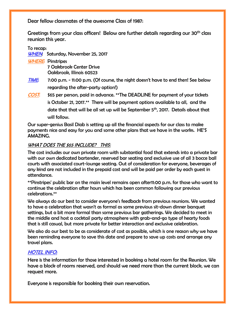 Fillable Online Dear fellow classmates of the awesome Class of 1987 ...