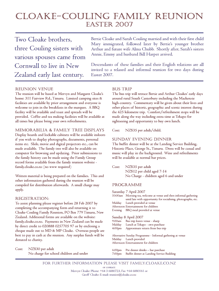 Fillable Online cloake-couling family reunion Fax Email Print - pdfFiller