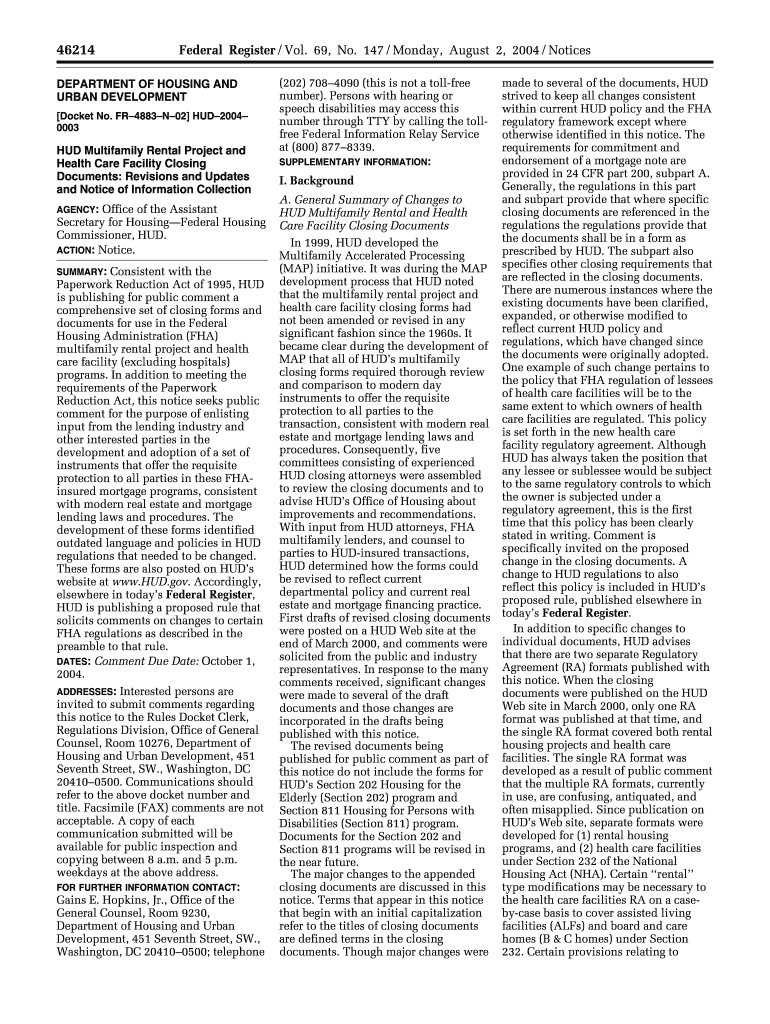 Fillable Online HUD Multifamily Rental Project and Fax Email Print ...