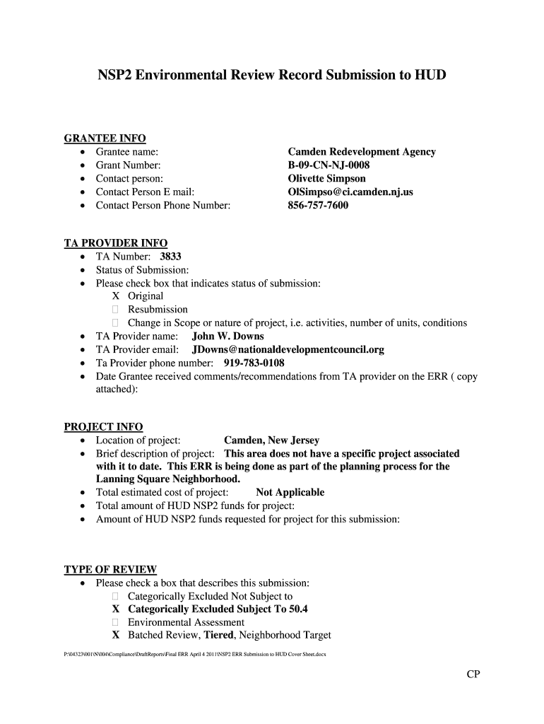 Fillable Online NSP2 Environmental Review Record Submission to HUD Fax ...