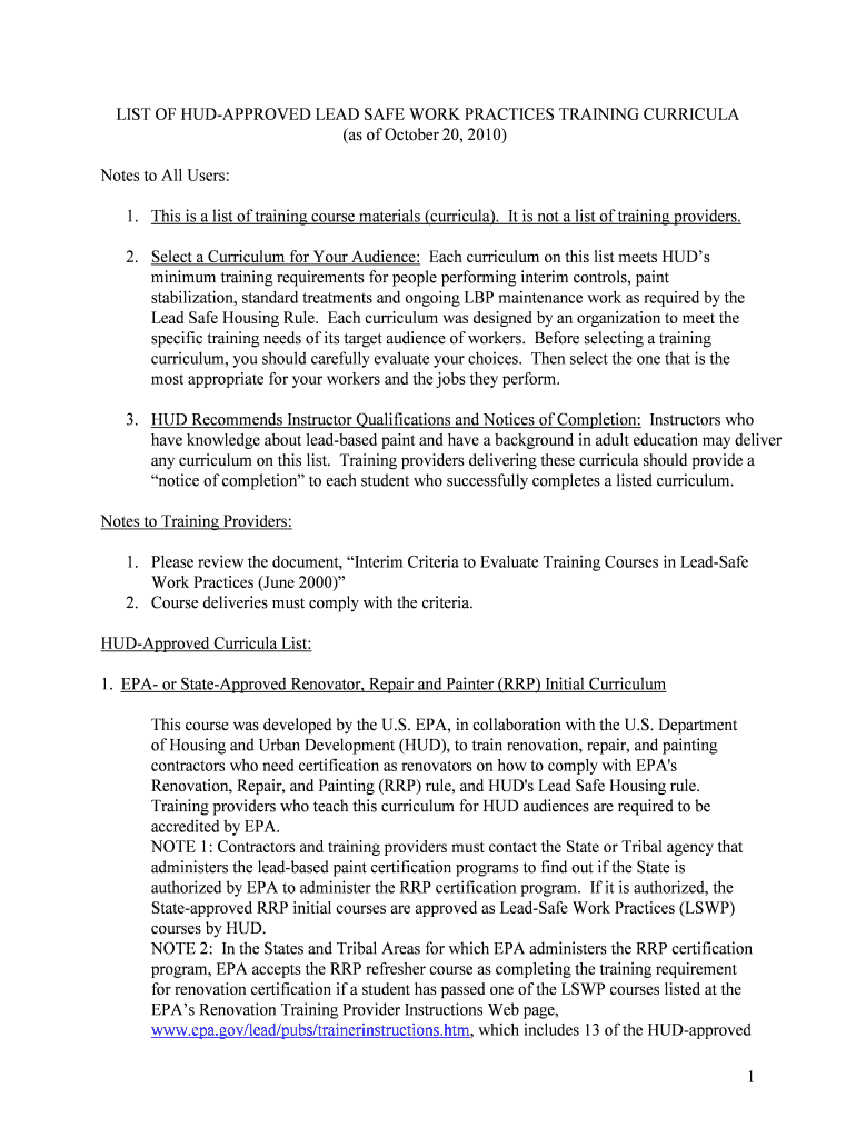 Fillable Online LIST OF HUD-APPROVED LEAD SAFE WORK PRACTICES TRAINING ...