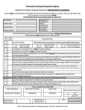 Fillable Online Checklist for Section 8 Special Claims for UNPAID RENT ...
