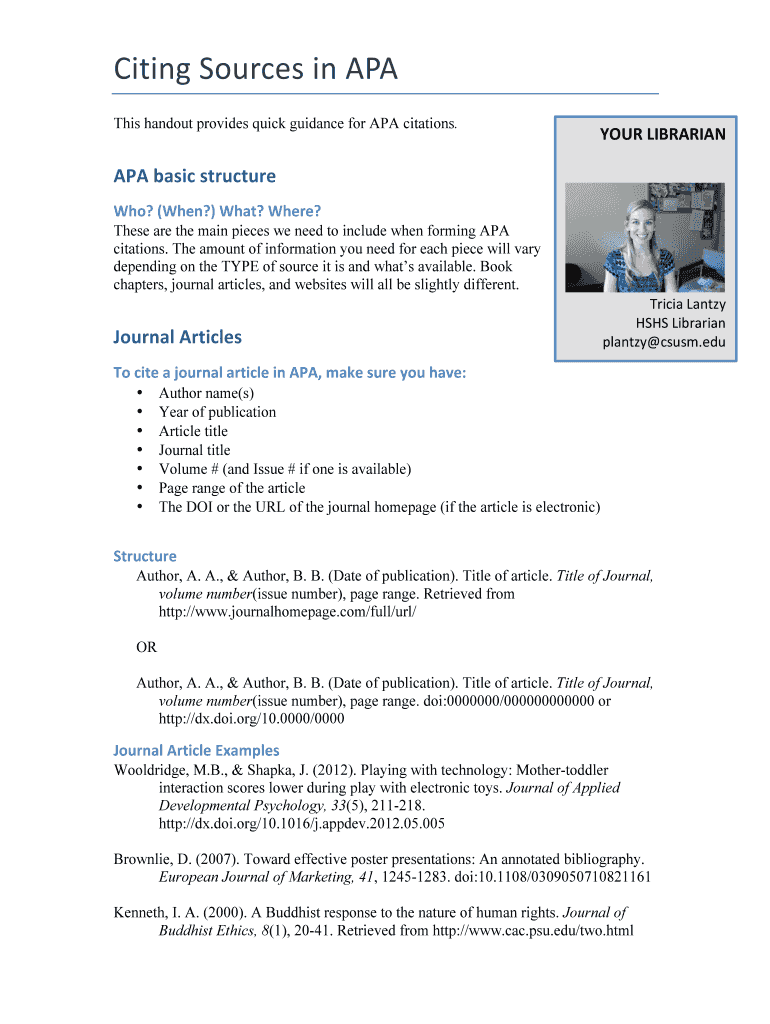 Fillable Online This handout provides quick guidance for APA citations ...