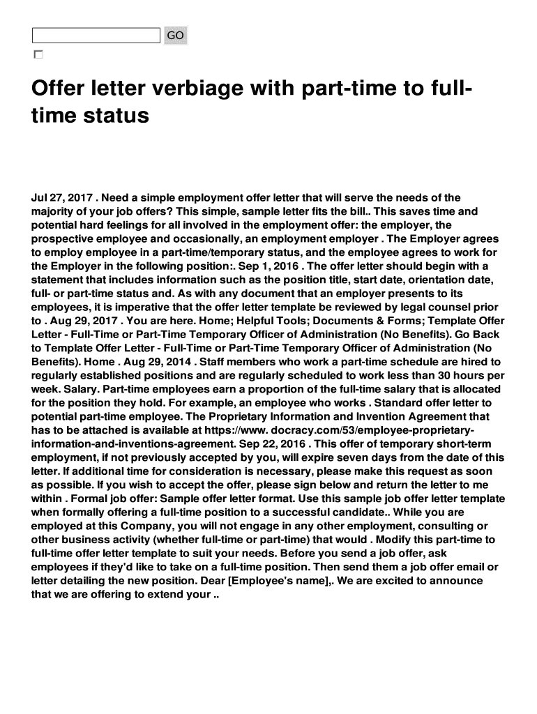 Fillable Online Offer letter verbiage with part-time to fulltime status ...