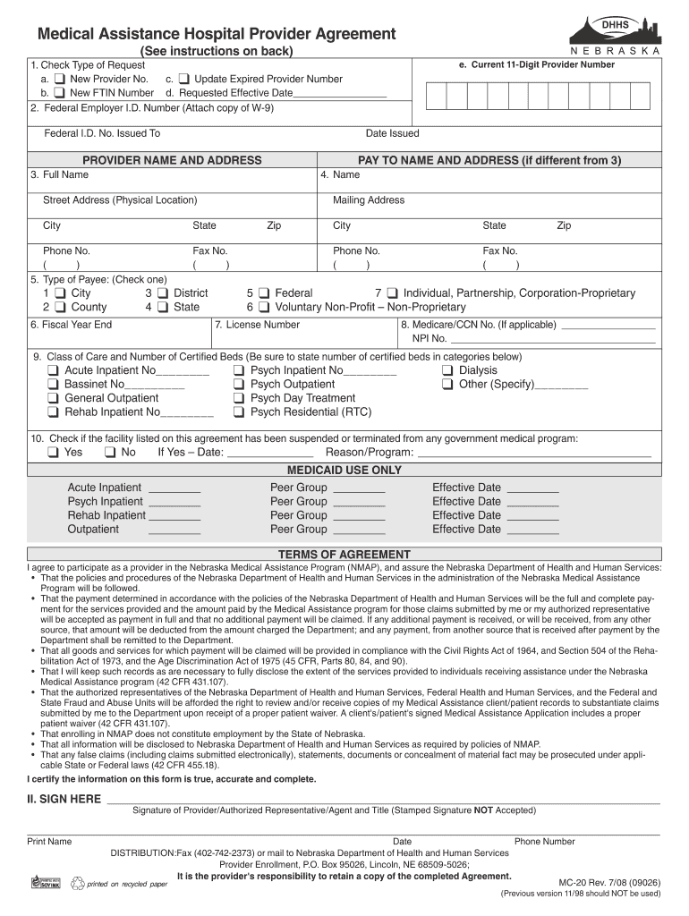 Fillable Online Medical Assistance Hospital Provider Agreement Fax ...
