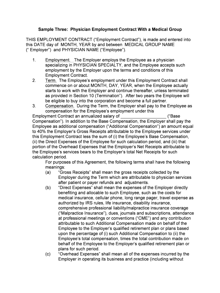 Fillable Online Sample Three: Physician Employment Contract With a ...